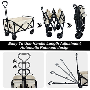 Collapsible Folding Wagon, Outdoor Beach Wagon, Collapsible Wagon Heavy Duty with Two Drink Holders, Wagon Cart with Wheels Foldable for Camping Shopping Sports