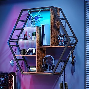 Saudism Floating Shelves with Lights, Led Shelves for Wall, Gaming Room Decor Display Shelf, Lighted Bar Shelves, Extra Hanging Hooks Storage, Sturdy Fast Assembly Great Weight Capacity-Rustic Brown