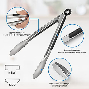 Hotec Stainless Steel Kitchen Tongs Set of 2 - 9" and 12", Locking Metal Food Tongs Non-Slip Grip