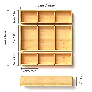 DUJEN Bamboo Drawer Organizer Box 12'' X 12'' X 2' Adjustable 3 Individual Storage Containers Organizer for Kitchen, Bathroom, Office Desk, Makeup,Vanity, Dresser, Pantry
