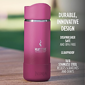 Ninja, Travel Mug, Sip Perfect 16oz, Brings Hot Drinks to Sippable Temperature in Minutes, Stainless Steel, Leak Proof, Dishwasher Safe, Metal, Insulated Tumbler, Fuchsia Pink, DW1603BP