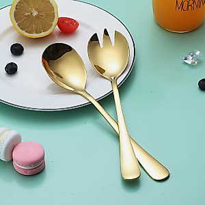 Berglander Gold Salad Server Set, Stainless Steel Salad Serving Set with Titanium Gold Plating, Salad Servers, Salad Spoon, Salad Fork, Pack of 2 (Shiny Gold)