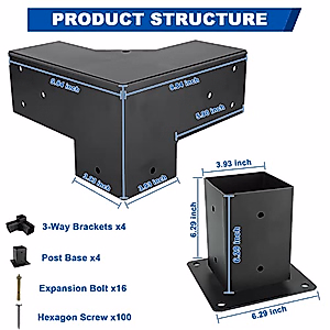 Pergola Gazebo Brackets Kit Nopwer - 3-Way Right Angle Corner Bracket for 4x4 Inch Wood Beams