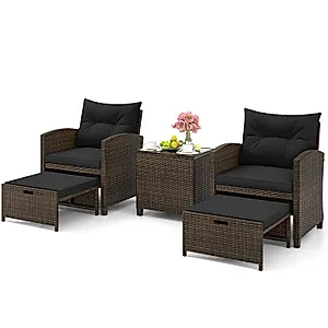 ORALNER 5 Pieces Patio Furniture Set with Ottoman, Wicker Conversation Set w/Cushions, Glass Coffee Table, Outdoor Rattan Lounger Chairs Bistro Set for Porch Balcony Garden Deck Poolside (Black)