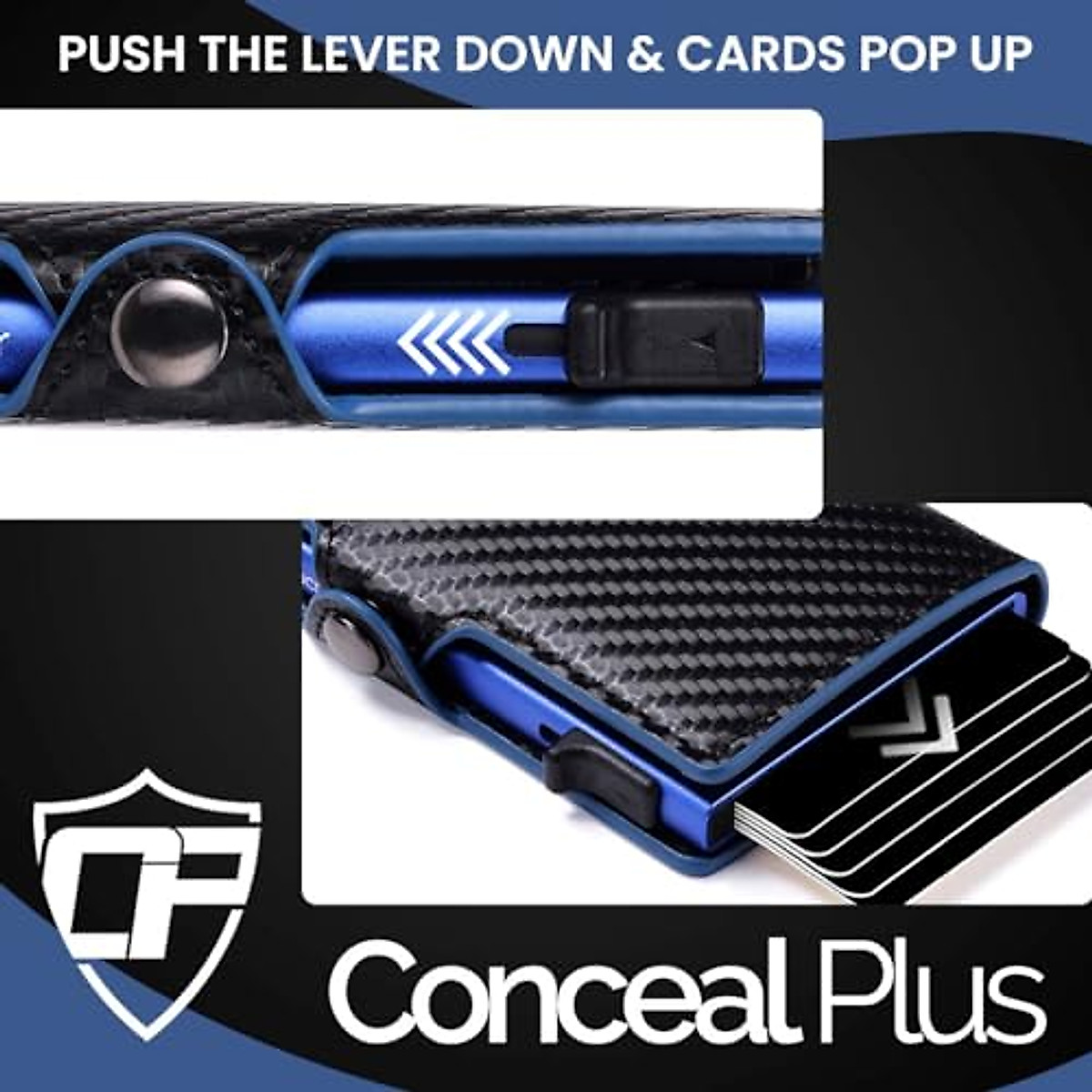 Card Blocr Pop Up Credit Card Wallet, RFID Blocking Credit Card Holder for men, Cool Wallets for Men in Carbon Wallet Design, Compact Card Holder Wallet for Secure Storage (Blue Carbon Fiber)