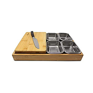 VERSACHOP Quattro - Totally natural organic bamboo cutting board with included stainless steel lunch boxes with airtight lids and serving tray. Perfect for meal prep, storage and organization.