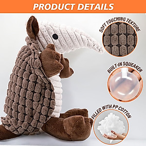 PLYFOU Squeaky Dog Toys, 12 Inch Plush Dog Toys, Stuffed Toys for Small Medium Large All Breed Sizes Dogs, Big Armadillo Animals Toy, Puppy Chew Toy with Clean Teeth, Brown