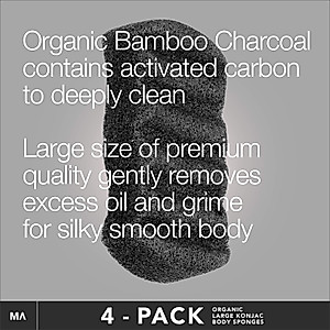 Minamul Konjac Exfoliating Organic Body Sponge | Gentle Daily Body face Scrub/Skincare | Infused with Best Bamboo Activated Charcoal | Safe for Oily, Dry, Combination or Sensitive Skin | 4 Pack Set