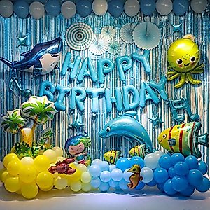 GoGoGoodie Ocean Theme Birthday Party Decorations Shark Birthday Decorations for Boys - Under the Sea Party Include Sea Animal Balloons birthday Banner Navy Blue Hanging Paper Fans Latex Balloons