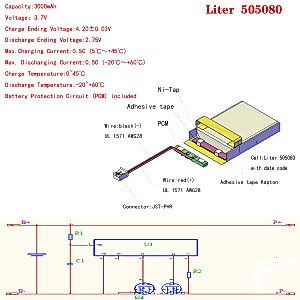 Liter Energy Battery 3.7V Lipo Battery 3000mAh Rechargeable Lithium ion Polymer Battery 505080 Lithium Polymer ion Battery with JST Connector