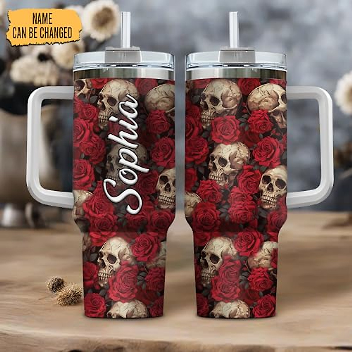 Hyturtle Personalized Gothic Skull Tumbler - Sunflower Gifts For Skeleton Lover - Horror Lover Gift - Gift For Women On Halloween - Skull Lover Gift - Custom Travel Coffee Cup 40oz With Lid And Straw