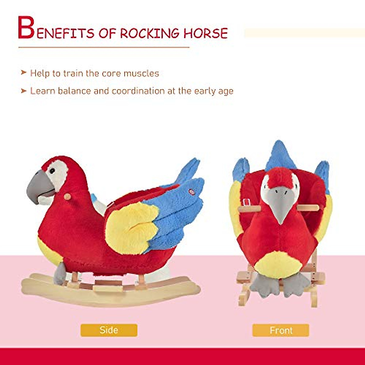 Qaba Kids Ride-On Rocking Horse Toy Parrot Style Rocker with Fun Music & Soft Plush Fabric for Children 18-36 Months