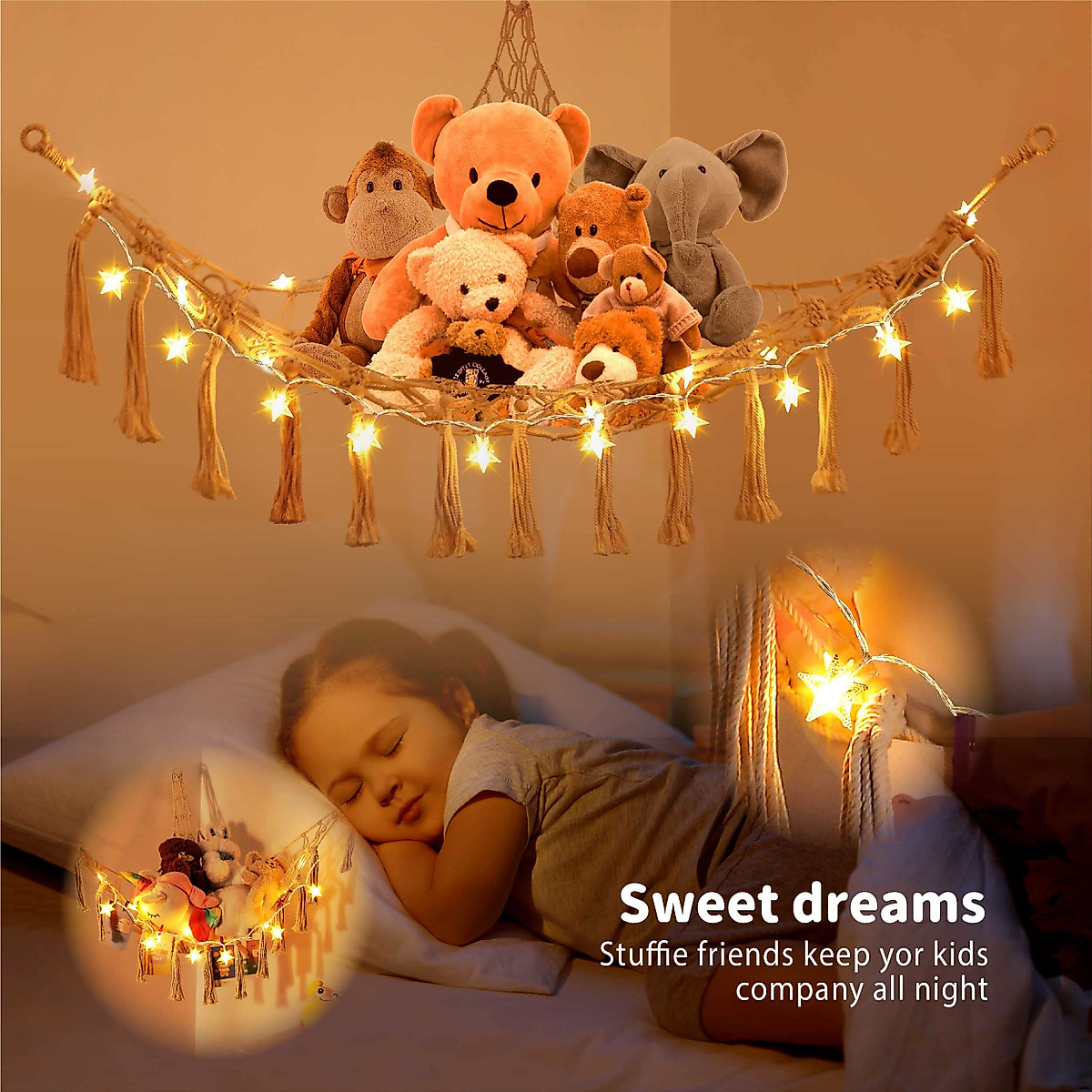 UNKENBO Stuffed Animal Storage Hammock - Macrame Toy Hammock with Photo Clips, Star String Lights, Space Saving Hanging Corner Stuffed Animal Net or Hammock, Boho Kids Bedroom Decor (Cream)