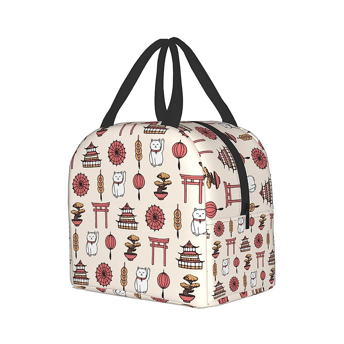 Insulated Lunch Bag Reusable Lunch Box, Cooler Lunch Tote Bag With Front Pocket for Girls Boys Women Men Picnic Office Work, Asian Cats Print