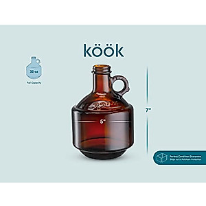 KooK Amber Glass Bottles, Growlers, with Black Plastisol Lined Lids, Beer, Soda, Cider, Kombucha, Set of 6, 32oz