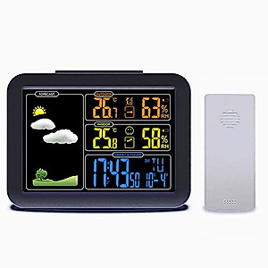 XARONF Indoor Outdoor Thermometer, Color Display Digital Temperature Humidity Monitor, Weather Thermometer Forecast Station with Atomic Clock and Adjustable Backlight, Black (Color : Black)