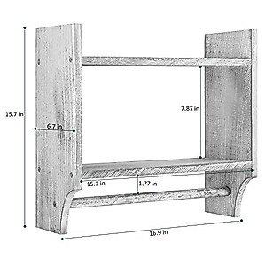 Wall Mounted Shelf with Towel Bar Rack, Rustic Towel Rack with Storage Shelf Farmhouse 2-Tier Hanging Torched Wood Shelf Organizer Floating Shelves Towel Holder for Kitchen, Bathroom, Greyish White
