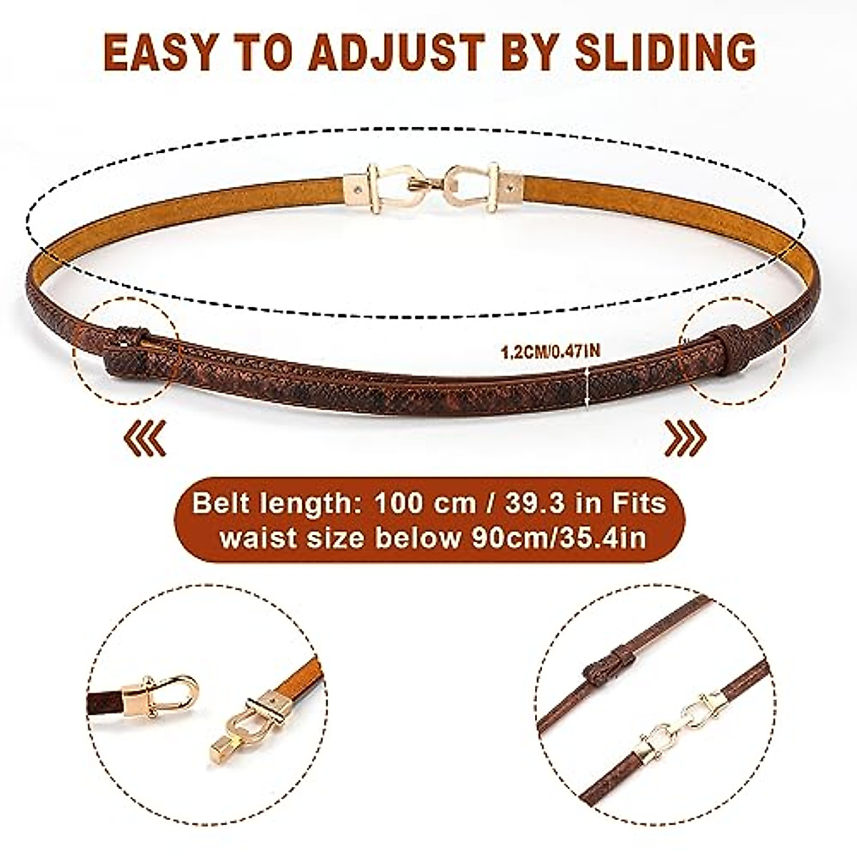 2pcs Skinny Waist Belt for Women, Adjustable Thin Waist Belts Stylish Leather Belt with Gold Buckle Skinny Leather Belt Women Skinny Belt for Shirts Dress (Black, Brown)