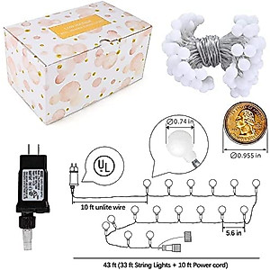 VGGFDY Globe String Lights 43ft 70 Led, Indoor/Bedroom, 8 Modes Fairy Lights Plug in, Extendable Outdoor Decorative Lights for Christmas Decoration, Patio, Wedding, Warm White, No Remote