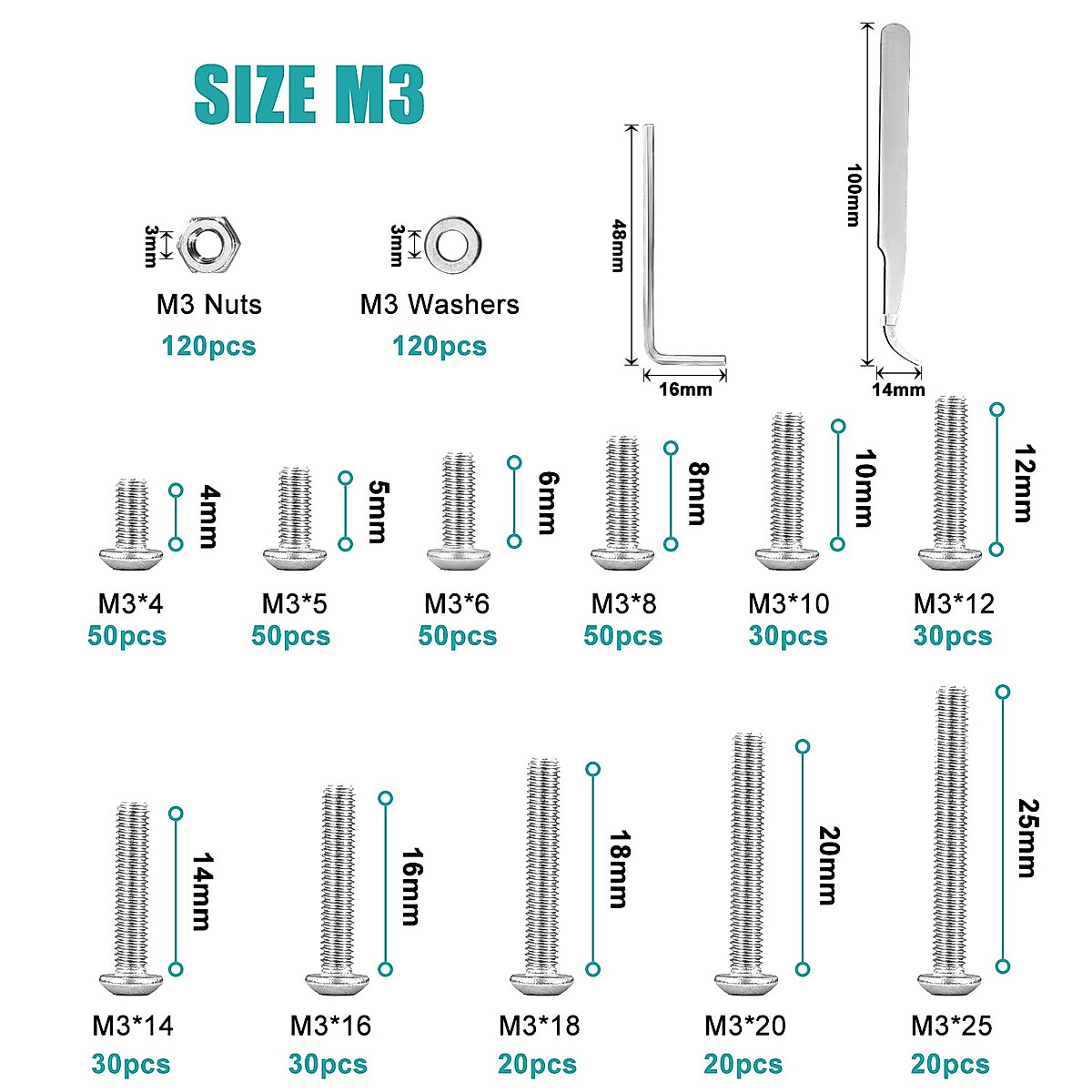 620Pcs M3 Hex Socket Head Cap Bolts Screws and Nuts Assortment Kit，304 Stainless Steel Screws and Nuts