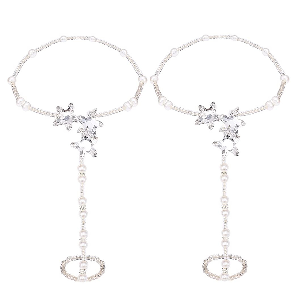 Nicute Boho Pearl Barefoot Sandals Anklet Rhinestone Silver Star Anklet Chain Wedding Summer Beach Foot Chain Jewelry for Women (2 Pieces)
