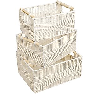 Roshtia Set of 3 Wicker Storage Baskets for Organizing Cotton Rope Basket with Wood Handles White Woven Baskets for Storage Decorative Hand Woven Basket Organizers for Makeup Books Shelves Living Room