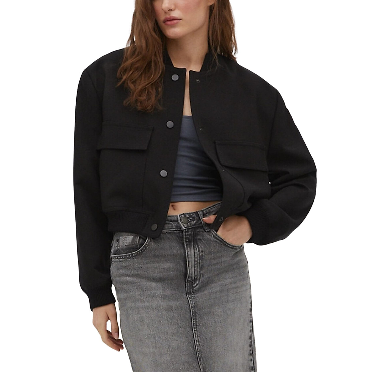 Aedceal Women's Cropped Bomber Jacket Button Down Stand Collar Varsity Coats Outerwears with Pockets(Black-M)
