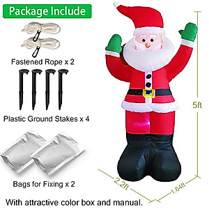 5ft Christmas Inflatable Santa Claus with Gift Bag, Indoor Outdoor Christmas Decoration with Lights, Yard Lawn Garden Xmas Party Prop Decor, Cute Fun Xmas Holiday Decor with Tethers, Stakes, Sandbags
