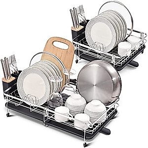TOOLF Expandable Dish Drainer Rack, Adjustable 304 Stainless Steel Dish Rack, Foldable Dish Drying Rack with Removable Cutlery Holder Swivel Drainage Spout, Anti-Rust Plate Rack for Kitchen, 1 Piece