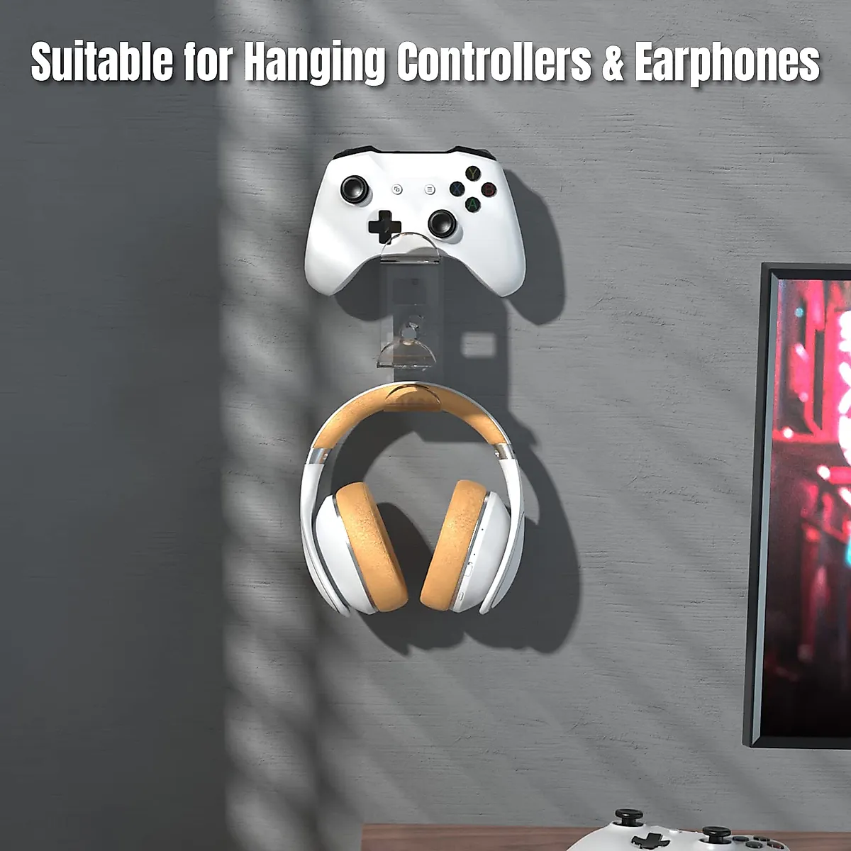 NiHome Clear Acrylic Game Controller Wall Hanger Stand, Dual Gamepad Controller & Headphone Hanger Holder for Xbox PS5 PS4 PS3 Switch, Wall Mount Stand Organizer for Gaming Accessories
