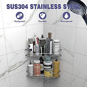 Corner Shower Caddy with Hooks, Self Adhesive Shower Organizer Shelves,No Drilling 2-Pack Rustproof 304 Stainless Steel Shower Storage Shelves for Bathroom & Kitchen