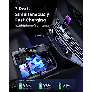 [Apple MFi Certified] iPhone Car Charger, Built-in 5.7FT Lightning Cable for iPhone 15/14/13/12/Max/XR/X/8/7/iPad, 71W 3-Ports PD30W Car Charging Adapter for Samsung Galaxy S23/S22/S21, Google Pixel