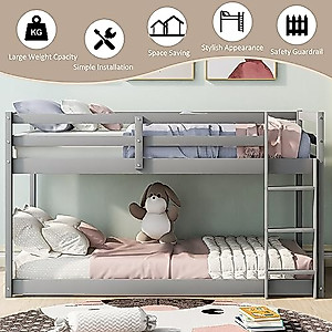 ZJIAH Solid Wood Twin Over Twin Floor Bunk Bed w Ladder, Safety Guard Rails, 400LBS Wooden Twin Bunk Beds for Teens/Adults, Low Bed Frame Bedroom Furniture, No Box Spring Required, Grey