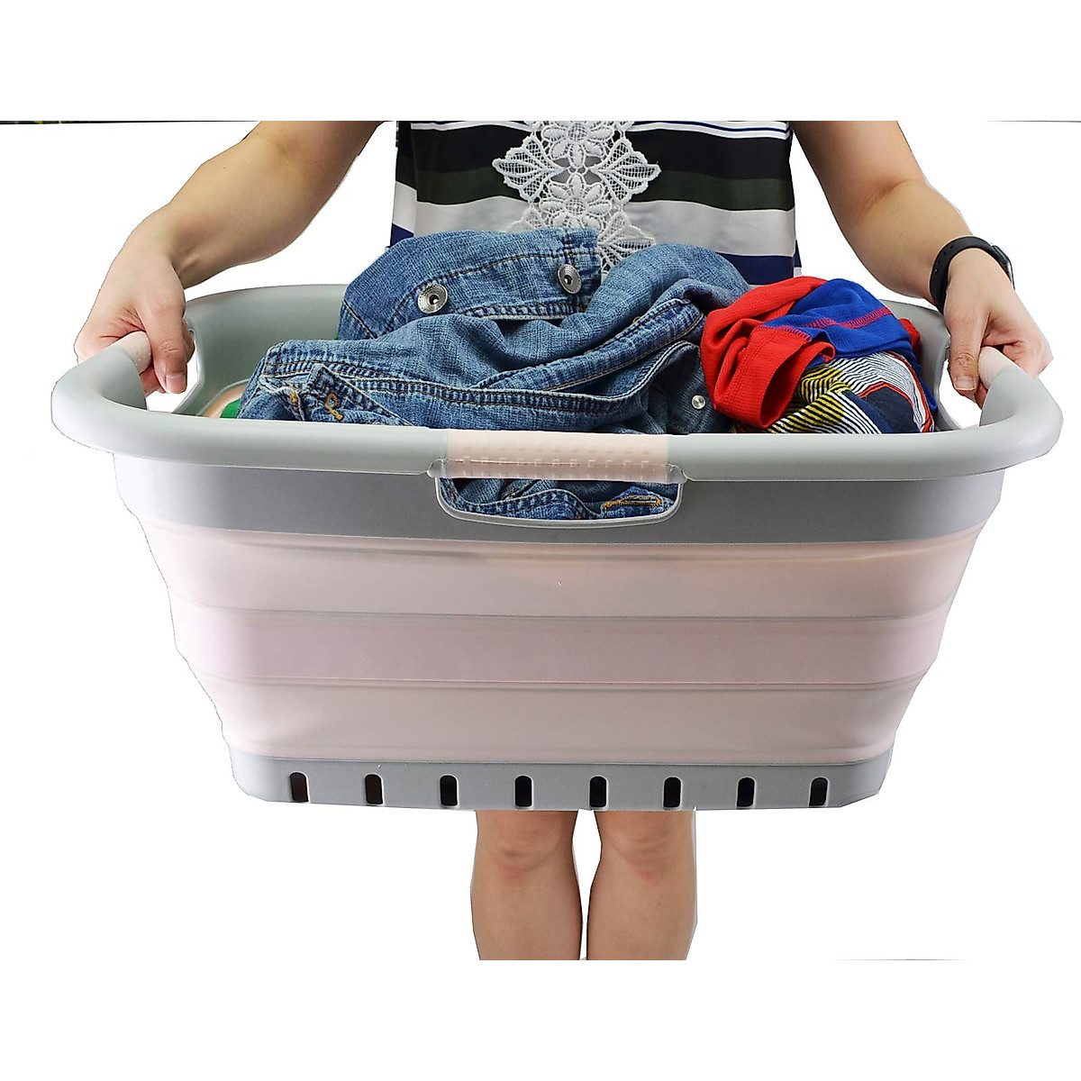 SAMMART 41L Collapsible Plastic Laundry Basket - Foldable Pop Up Storage Container/Organizer - Portable Washing Tub - Space Saving Hamper/Basket (3 handled rectangular, Grey/Pink)