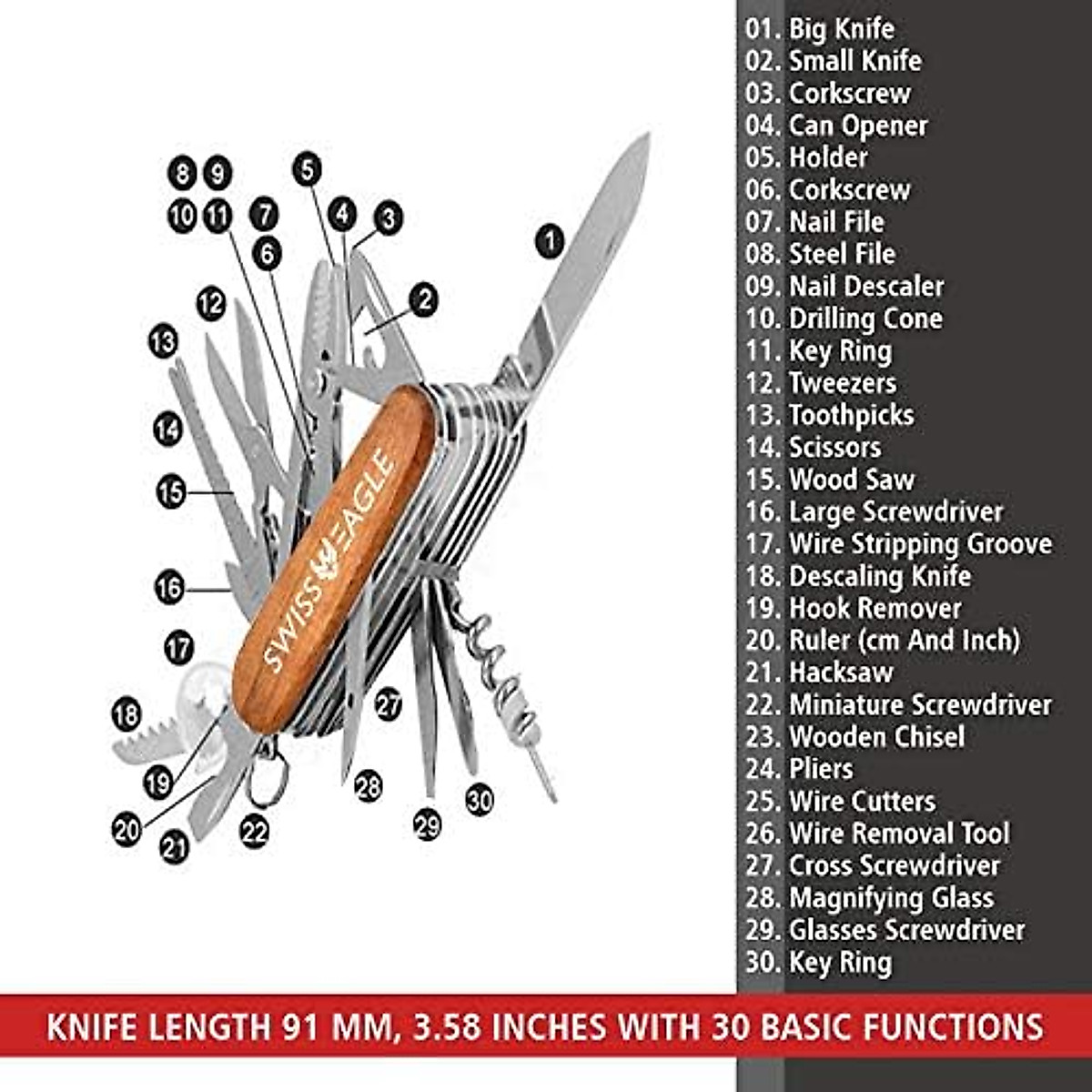 Swiss Eagle Classic Multi-Tool Army Knife - Packs 30 Tools In Your Pocket