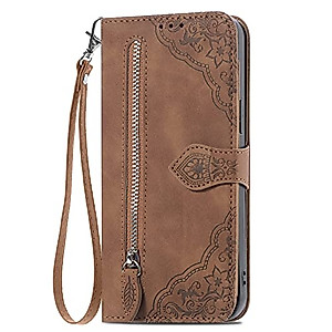 ONV Wallet Case for Oppo Realme 7 Pro - with Zipper Wrist Strap Emboss Flower Flip Phone Case Card Slot Magnet Leather Shell Flip Stand Cover for Oppo Realme 7 Pro[SZY] -Brown