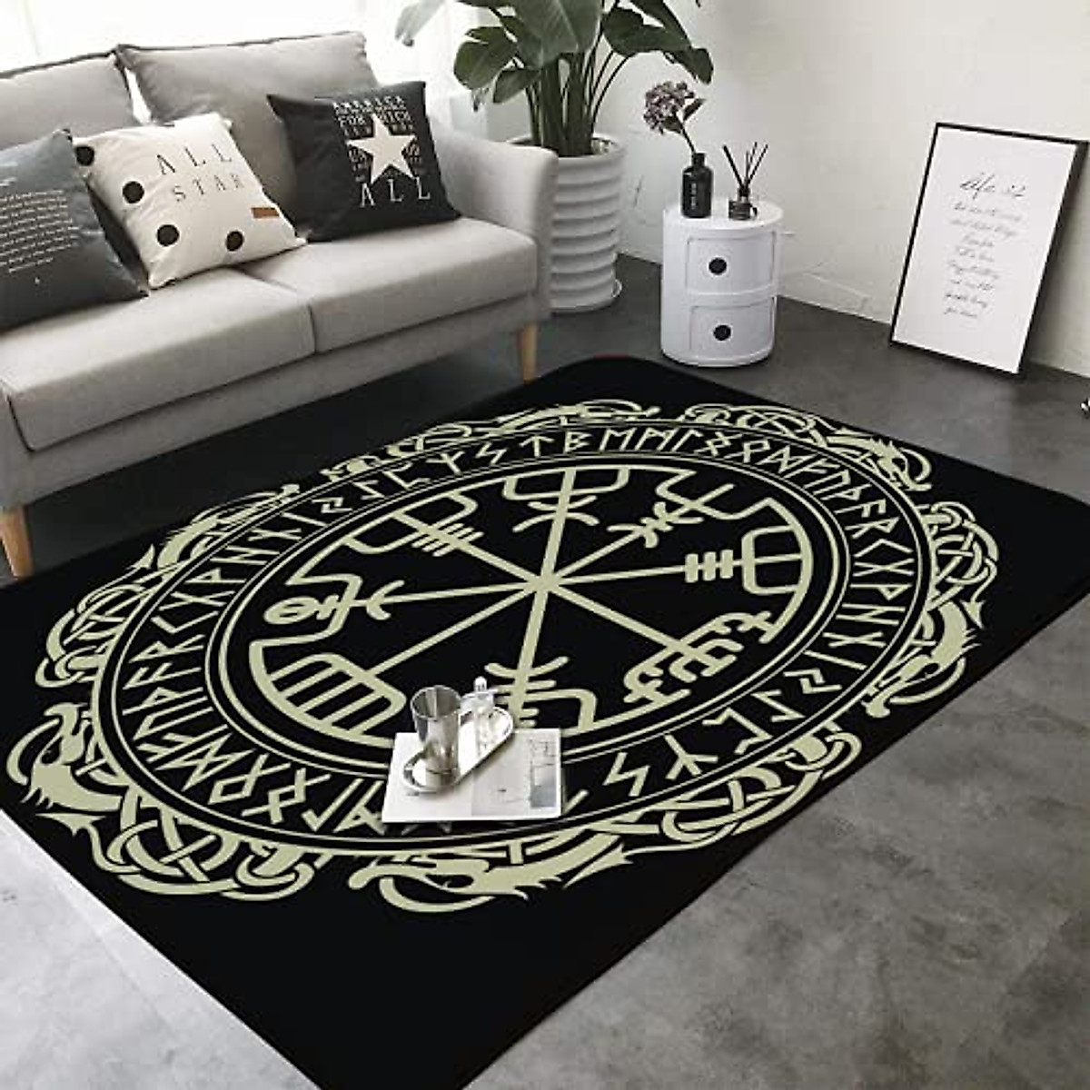 WHXM Area Rug 39x60in Magic Runic Compass Vegvisir in The Circle of Nordic Runes and Dragons Soft Flannel Microfiber Bathroom Carpet Non-Slip Floor Mat Bathtub Accessories LJN, White 0