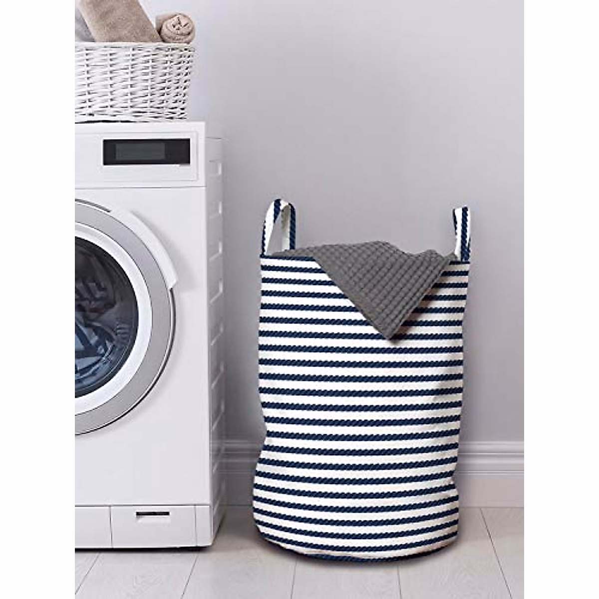 Ambesonne Navy Laundry Bag, Nautical in Horizontal Style Marine Sea Life Ocean Pacific Art Print, Hamper Basket with Handles Drawstring Closure for Laundromats, 13" x 19", Violet Blue and White