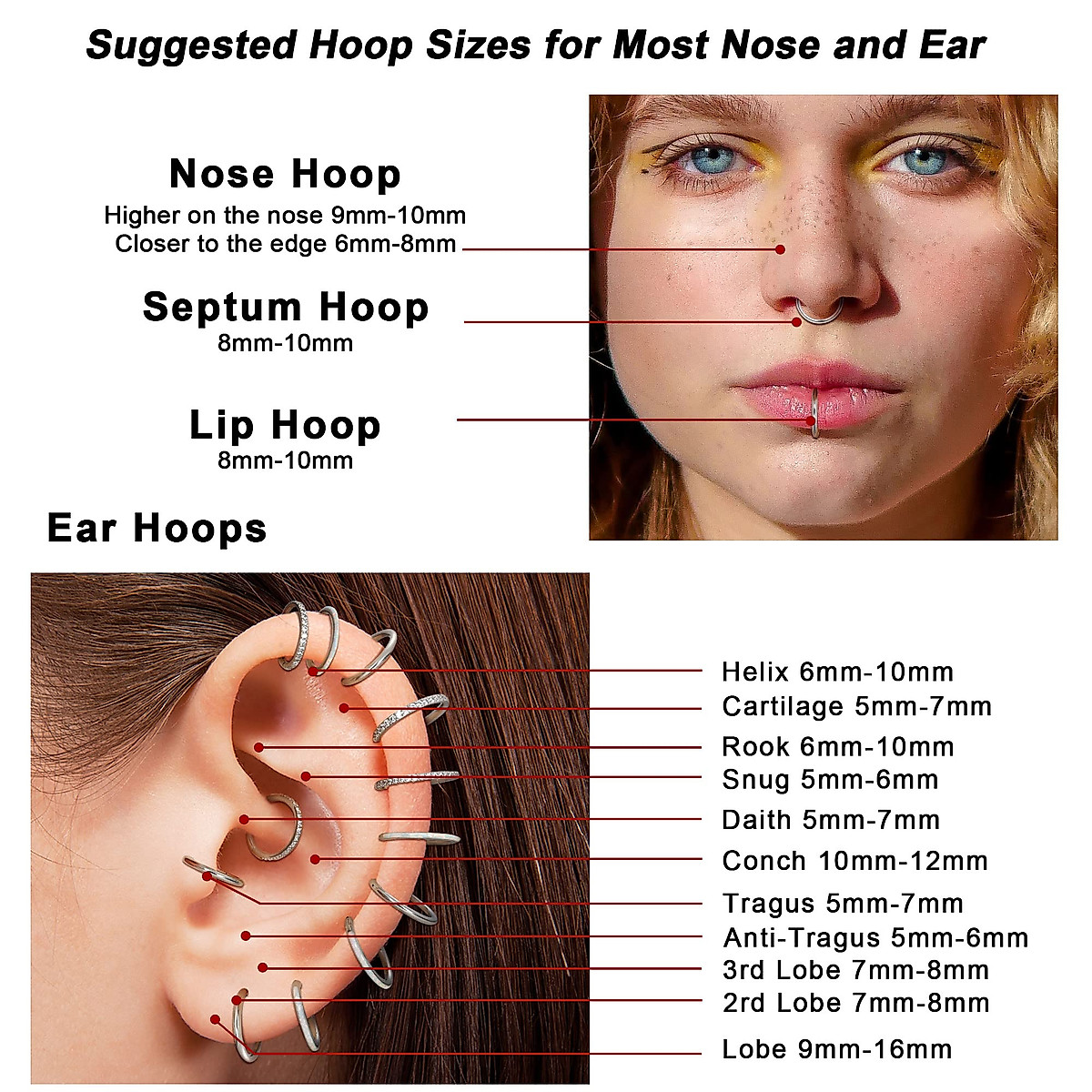 SAILIMUE 3 Pcs Surgical Steel Nose Rings Hoop for Women 18G 16G Clicker Hinged Segment Septum Lip Nose Rings Helix Cartilage Conch Rook Earrings Piercing Jewelry Diameter 8mm 10mm