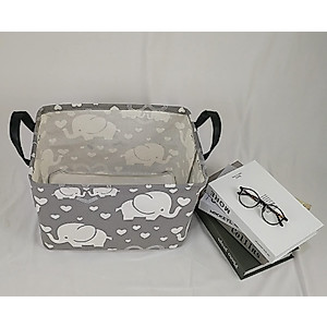 DUYIY Rectangle Canvas Storage Basket with Handle Large Organizer Bins for Dirty Laundry Hamper Baby Toys Nursery Kids Clothes Gift Basket (REC-love elephant)