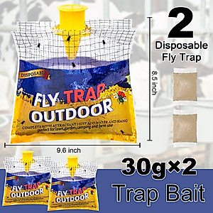 Glovv 2 Pack Disposable Fly Traps Outdoor Hanging, Fly Trap Bags with Natural Attractant Bait, Flying Insect Trap and Bug Catcher Control Flies in Barn Farm or Ranch, Patio