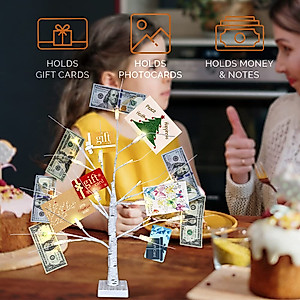 DECORKEY Money Tree Gift Holder, 24" 2FT Birch Tree with LED Lights, Battery Powered Timer Display Trees Stands with 12 Clear Clips Card, for Christmas, Birthday, Wedding, Photo, Graduation (White)