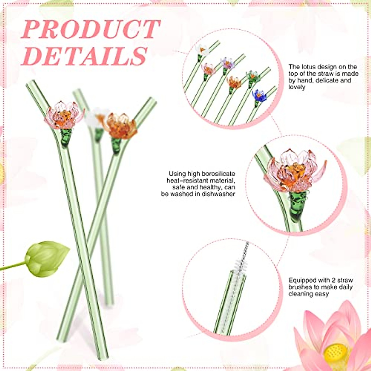 6 Pcs Reusable Glass Straws 8 mm x 7.9 Inch Colorful Lotus Design Green Straws Bent Glass Straws with Cleaning Brush for Smoothie Cocktail Juice Shakes Beverages