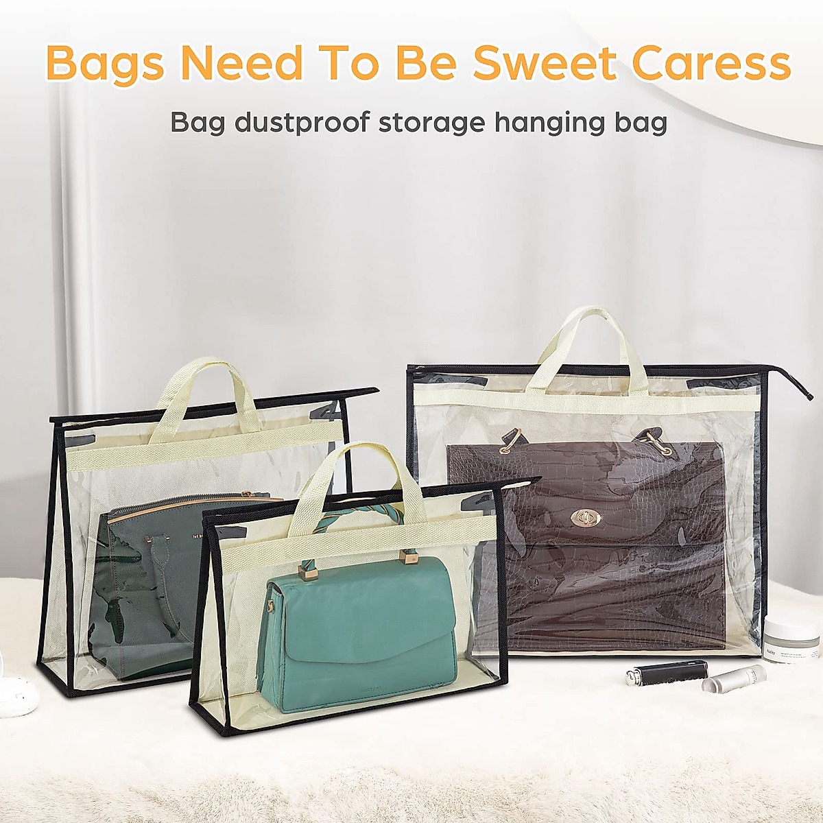 Interesse 12 Packs Dust Bags for Handbags, Clear Handbag Storage, Purse Storage Organizer for Closet, Purse Cover Hanging Closet Organizer with Zipper and Handles