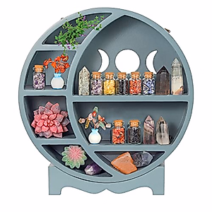 SSISSI Moon Shelf for Crystals with Stand - Crystal Display Phase Boho Wall Decor Small Nursery Holder Circle Home Office Room Decor, Blue Grey