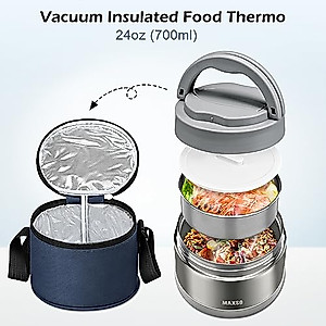 MAXSO Soup Thermos for Hot Food - 24 oz Vacuum Insulated Lunch Container with Foldable Spoon & Thermal Bag, Wide Mouth Bento Box for Adults (Silver)