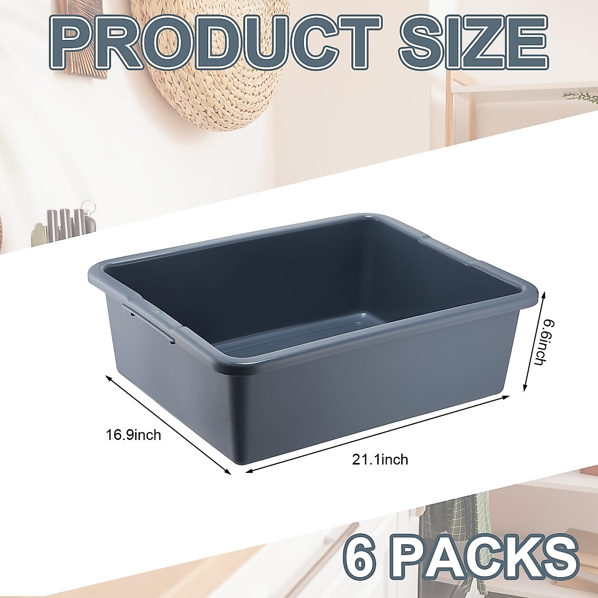 Ziliny 6 Pcs Commercial Bus Tubs Gray Plastic Heavy Duty Bus Box Restaurant Large Bus Tubs Wash Basin Dish Tubs with Handles for Kitchen Restaurant Home Daily Use Hotel Organization Storage