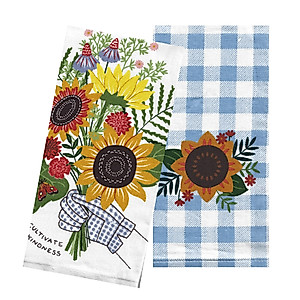 Celebrate Kitchen Towel Set of 2, Sunflowers Blue and White Buffalo Plaid Dishtowels