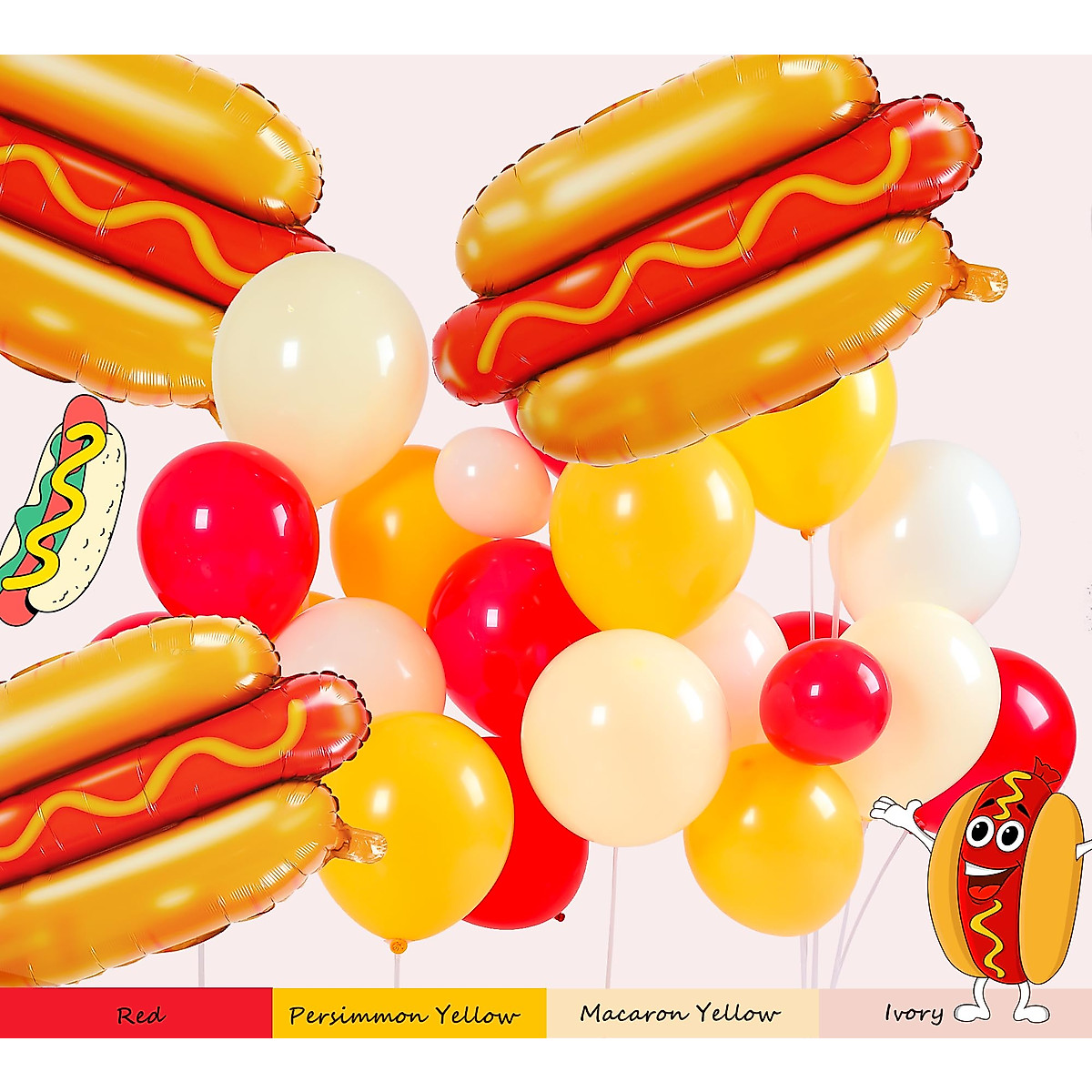 Woaipati Cute Hot Dog Balloon Garland Arch Kit，151PCS Red and Yellow Balloons, Creative Theme for Baby Shower Gender Reveal Boy Girl Birthday Cookout Fast Food Snacks Themed Party Decorations