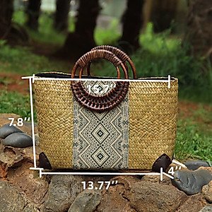 QTKJ Straw Bag, Summer Beach Handmade Rattan Tote Bag, Large Straw Woven Handbag, Boho Retro Rattan Bag for Women Vacation Beach Travel (Natural)